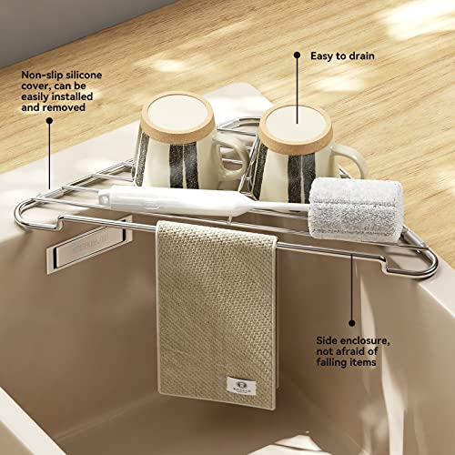 Ruosuruosu Stainless Steel Triangle Sink Dish Drying Rack-Premium and Space-Saving,Over The Sink Multipurpose Kitchen Drainer Shelf Organizer for Utensils, Plates, Sponge, and Cutlery, Silver