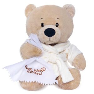 my oli 9" teddy bear stuffed animal plush toys soft bear dressed in bathrobe with soothing towel “get well soon” soft plush bear toy bedtime gifts for baby kids girls boys，beige