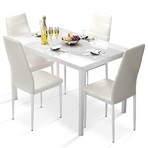 Recaceik Dining Table Set for 4, Kitchen Table and Chairs for 4, Faux Marble Kitchen Table Set with 4 Upholstered PU Leather Chairs, Dining Room Table Set for Kitchen Dining Room (White & White)