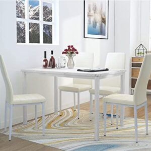 Recaceik Dining Table Set for 4, Kitchen Table and Chairs for 4, Faux Marble Kitchen Table Set with 4 Upholstered PU Leather Chairs, Dining Room Table Set for Kitchen Dining Room (White & White)