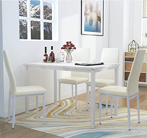 Recaceik Dining Table Set for 4, Kitchen Table and Chairs for 4, Faux Marble Kitchen Table Set with 4 Upholstered PU Leather Chairs, Dining Room Table Set for Kitchen Dining Room (White & White)