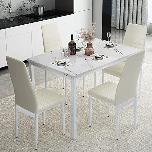 Recaceik Dining Table Set for 4, Kitchen Table and Chairs for 4, Faux Marble Kitchen Table Set with 4 Upholstered PU Leather Chairs, Dining Room Table Set for Kitchen Dining Room (White & White)