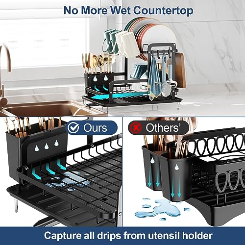 iSPECLE Dish Drying Rack with Drainboard - 2 Tier Dish Racks for Kitchen Counter with Cup Holder, Rust-Resistant Dish Drainer with Utility Hooks, Utensil Holder and Cutting Board Holder, Black