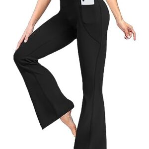 Pinspark Women's Ribbed Bootcut Yoga Pants with Pockets High Waisted 31" Lenght Pants Elastic Leggings Flare Workout Pants Black M