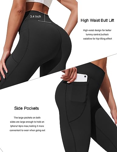 Pinspark Women's Ribbed Bootcut Yoga Pants with Pockets High Waisted 31" Lenght Pants Elastic Leggings Flare Workout Pants Black M