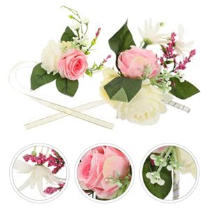 VOSAREA Rose Boutonniere 1 Set Wrist Corsage Boutonniere Set Groom Boutonniere and Bride Wrist Corsage Handmade Artificial Corsage Set Bride Hand Flower Bouquet Pink Prom Corsage Wristlet