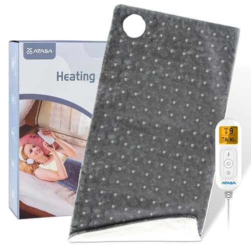 ATASA Heating Pad for Back Pain Relief & Cramp, Electric Heat Pad with 9 Heat Level, 11 Auto Shut Off, LCD Controller, Dry/Moist Heated for Waist/Abdomen/Shoulder/Neck, Machine-Washable, Gray