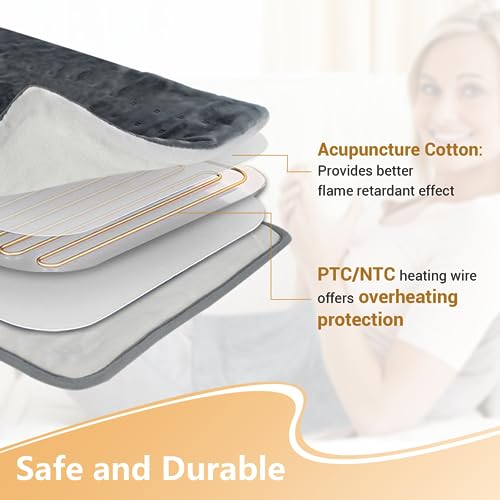 ATASA Heating Pad for Back Pain Relief & Cramp, Electric Heat Pad with 9 Heat Level, 11 Auto Shut Off, LCD Controller, Dry/Moist Heated for Waist/Abdomen/Shoulder/Neck, Machine-Washable, Gray