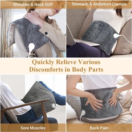 ATASA Heating Pad for Back Pain Relief & Cramp, Electric Heat Pad with 9 Heat Level, 11 Auto Shut Off, LCD Controller, Dry/Moist Heated for Waist/Abdomen/Shoulder/Neck, Machine-Washable, Gray