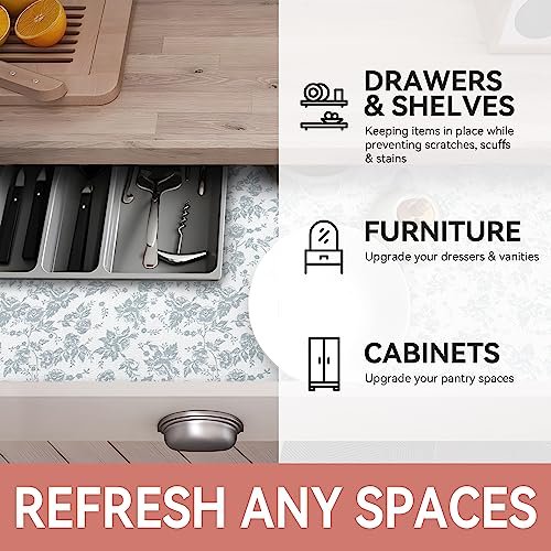 RAY STAR Shelf Liner, Non Adhesive Silver Floral Cabinet Liner for Pantry Drawer, Strong Grip Non Slip Waterproof, Shelf Liners for Kitchen Cabinets Organization 12 Inch x 10 FT (2 Rolls)