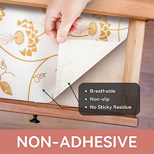 RAY STAR Shelf Liner, Non Adhesive Golden Leaves Floral Cabinet Liner for Pantry Drawer, Strong Grip Non Slip Waterproof, Shelf Liners for Kitchen Cabinets Organization 18 Inch x 8 FT (2 Rolls)