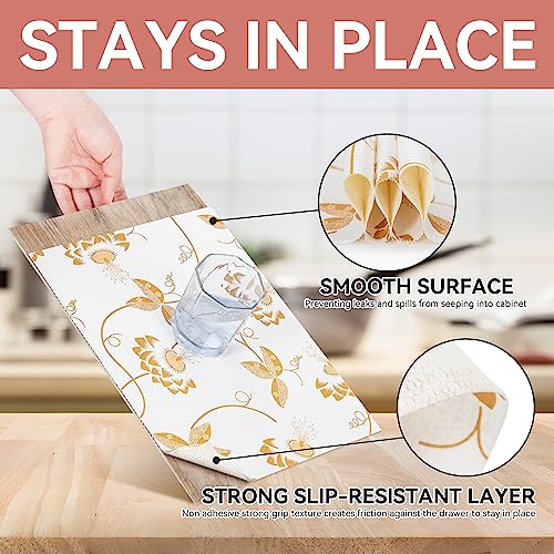 RAY STAR Shelf Liner, Non Adhesive Golden Leaves Floral Cabinet Liner for Pantry Drawer, Strong Grip Non Slip Waterproof, Shelf Liners for Kitchen Cabinets Organization 18 Inch x 8 FT (2 Rolls)