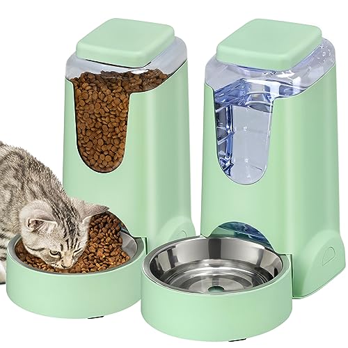 2 Pack Automatic Cat Feeder and Water Dispenser with Stainless Steel Dog Bowl Gravity Self Feeding for Small Medium Pets Puppy Kitten 1 Gallon x 2 (Green)