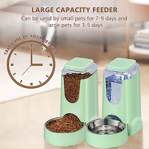 2 Pack Automatic Cat Feeder and Water Dispenser with Stainless Steel Dog Bowl Gravity Self Feeding for Small Medium Pets Puppy Kitten 1 Gallon x 2 (Green)