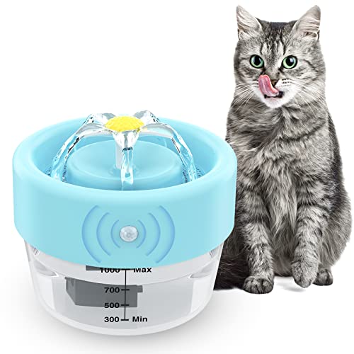 Cat Water Fountain, Smart Pet Water Fountain Dispenser with Filter for Cat Dog, Wireless & Battery Operated Pet Water Bowl Quiet Fountain 1000ml