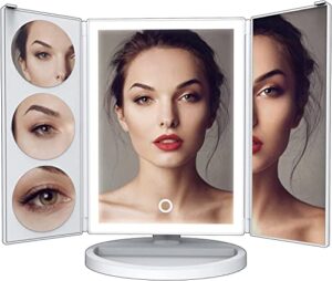 zl zeling led makeup mirror with lights, trifold vanity mirror with 3x/5x/10x magnification, smart touch control, dual power supply, portable cosmetic mirror,gift for women