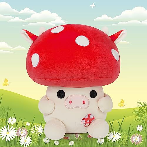 KOPHINYE Mushroom Plush Mushroom Cow Plush Pillow - 12" Cute Mushroom Stuffed Animal - Squishy Mushroom Cow Plushie for Kids - Home Decor Brithday Gift for Girls Boys