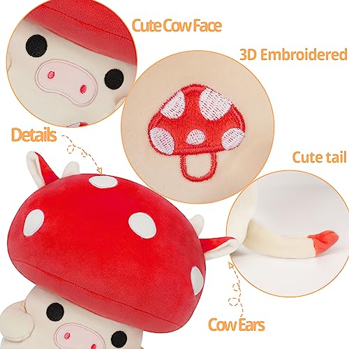 KOPHINYE Mushroom Plush Mushroom Cow Plush Pillow - 12" Cute Mushroom Stuffed Animal - Squishy Mushroom Cow Plushie for Kids - Home Decor Brithday Gift for Girls Boys