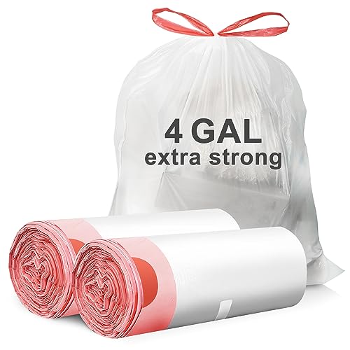 4 Gallon Trash Bags Drawstring, Small Garbage Bags Unscented, Strong Trash Can Liners, 60 Count White 4 Gal Trash Bag for Bathroom Kitchen Office