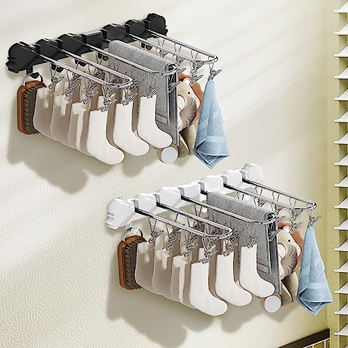 OBloved 2 Pack Clothes Drying Rack Wall Mount, 20 Clips Stainless Steel Sock Drying Rack, Laundry Drying Rack with Clips for Socks, Bras, Towels, Underwear, Clothes (White)