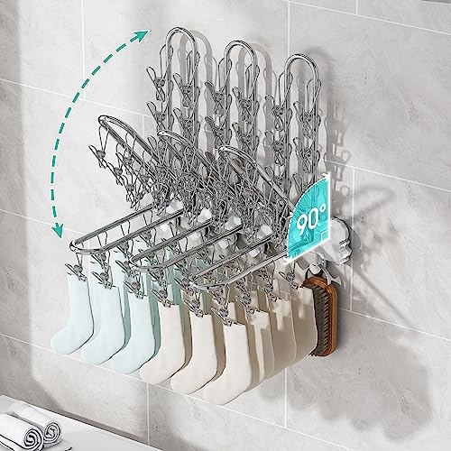 OBloved 2 Pack Clothes Drying Rack Wall Mount, 20 Clips Stainless Steel Sock Drying Rack, Laundry Drying Rack with Clips for Socks, Bras, Towels, Underwear, Clothes (White)