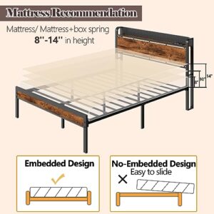 Furnulem Queen Bed Frame with LED Lights,Industrial Storage Headboard with Power Outlet and USB Port,Wood Platform with Strong Metal Support,No Box Spring Needed, Noise Free