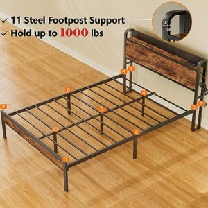 Furnulem Queen Bed Frame with LED Lights,Industrial Storage Headboard with Power Outlet and USB Port,Wood Platform with Strong Metal Support,No Box Spring Needed, Noise Free