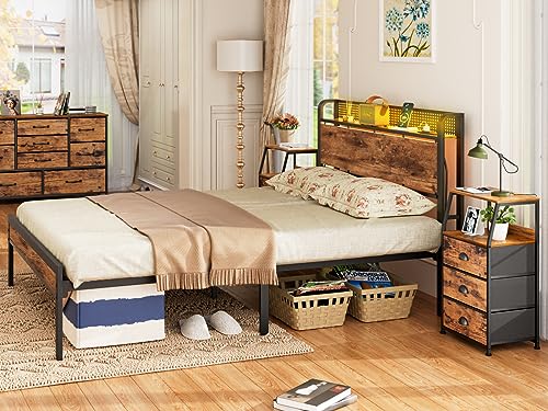 Furnulem Queen Bed Frame with LED Lights,Industrial Storage Headboard with Power Outlet and USB Port,Wood Platform with Strong Metal Support,No Box Spring Needed, Noise Free