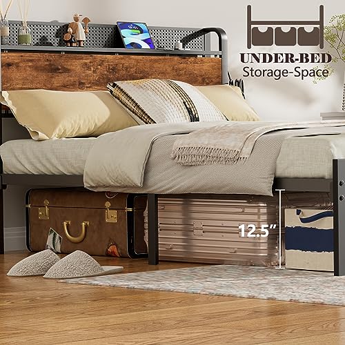 Furnulem Queen Bed Frame with LED Lights,Industrial Storage Headboard with Power Outlet and USB Port,Wood Platform with Strong Metal Support,No Box Spring Needed, Noise Free