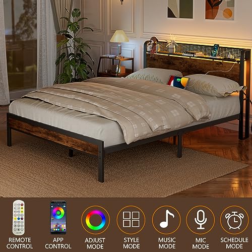 Furnulem Queen Bed Frame with LED Lights,Industrial Storage Headboard with Power Outlet and USB Port,Wood Platform with Strong Metal Support,No Box Spring Needed, Noise Free