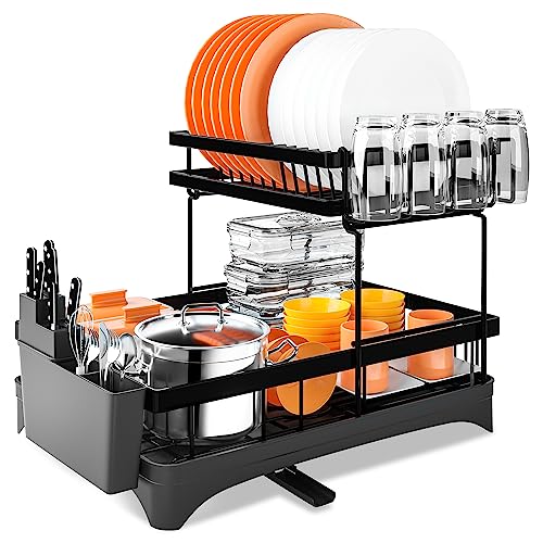 Large Dish Drying Rack for Kitchen Counter, 2 Tier Stainless Steel Kitchen Dish Rack Drainer Black,Countertop Dish Dryer Rack with Drainboard,Utensil Holder,Cups Holder,Large Capacity(16.5*11.8*13 IN)