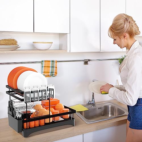 Large Dish Drying Rack for Kitchen Counter, 2 Tier Stainless Steel Kitchen Dish Rack Drainer Black,Countertop Dish Dryer Rack with Drainboard,Utensil Holder,Cups Holder,Large Capacity(16.5*11.8*13 IN)