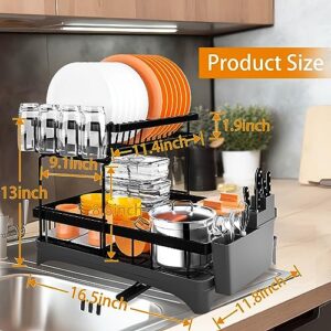 Large Dish Drying Rack for Kitchen Counter, 2 Tier Stainless Steel Kitchen Dish Rack Drainer Black,Countertop Dish Dryer Rack with Drainboard,Utensil Holder,Cups Holder,Large Capacity(16.5*11.8*13 IN)