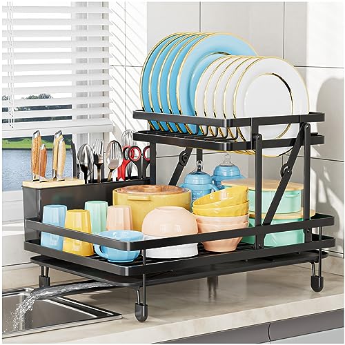 YKLSLH Dish Drying Rack, Collapsible 2 Tier Dish Racks for Kitchen Counter, Durable Dish Drainer with Utensil Holder-Kitchen Drying Rack, Black