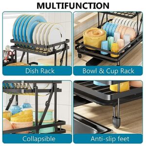 YKLSLH Dish Drying Rack, Collapsible 2 Tier Dish Racks for Kitchen Counter, Durable Dish Drainer with Utensil Holder-Kitchen Drying Rack, Black