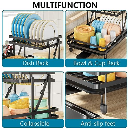 YKLSLH Dish Drying Rack, Collapsible 2 Tier Dish Racks for Kitchen Counter, Durable Dish Drainer with Utensil Holder-Kitchen Drying Rack, Black