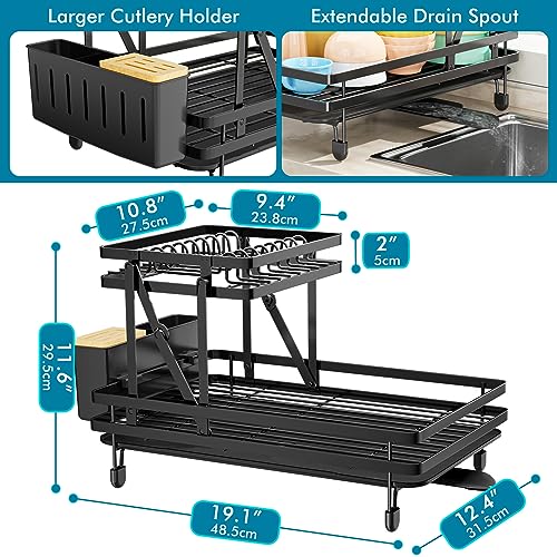 YKLSLH Dish Drying Rack, Collapsible 2 Tier Dish Racks for Kitchen Counter, Durable Dish Drainer with Utensil Holder-Kitchen Drying Rack, Black