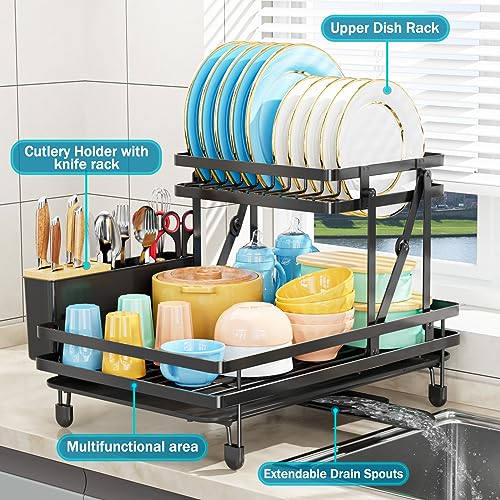 YKLSLH Dish Drying Rack, Collapsible 2 Tier Dish Racks for Kitchen Counter, Durable Dish Drainer with Utensil Holder-Kitchen Drying Rack, Black