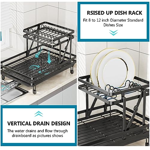 YKLSLH Dish Drying Rack, Collapsible 2 Tier Dish Racks for Kitchen Counter, Durable Dish Drainer with Utensil Holder-Kitchen Drying Rack, Black