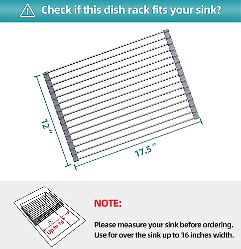 JASIWAY Roll Up Dish Drying Rack, Over The Sink Dish Drying Rack, Foldable, Portable,304 Stainless Steel Dish Drainers for Kitchen Inside Sink Counter (Sliver, 17.5" x12“)