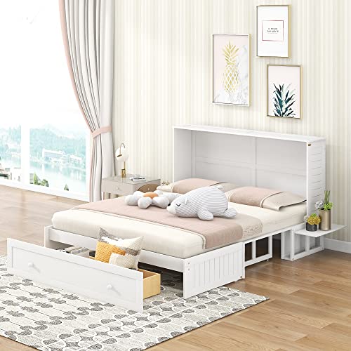 Harper & Bright Designs Queen Size Mobile Murphy Bed with Drawer and Little Shelves on Each Side,White