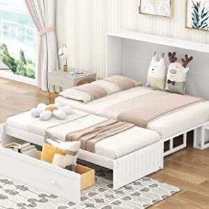 Harper & Bright Designs Queen Size Mobile Murphy Bed with Drawer and Little Shelves on Each Side,White