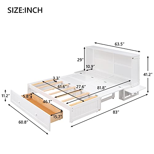 Harper & Bright Designs Queen Size Mobile Murphy Bed with Drawer and Little Shelves on Each Side,White