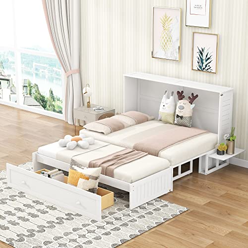 Harper & Bright Designs Queen Size Mobile Murphy Bed with Drawer and Little Shelves on Each Side,White