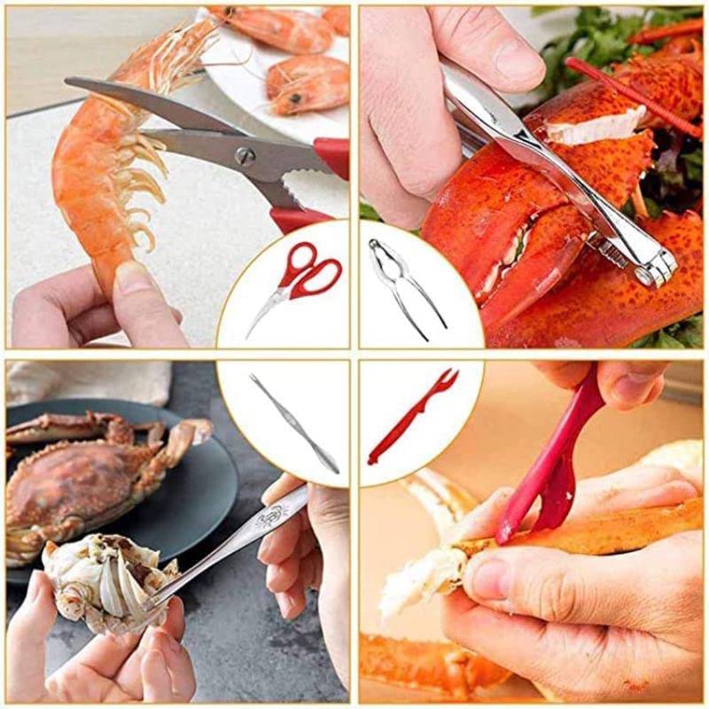 19 Pcs Seafood Tools Set Nut Cracker Set includes 4 Crab Crackers, 4 Forks, 4 Lobster Shellers, 4 Lobster Crab Mallets, 2 Seafood Scissors and Storage Bag