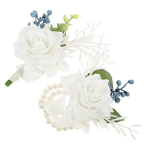 USHOBE Wrist Corsage and Boutonniere Set, Artificial White Rose Flowers Wrist Corsage Wristlet and Groom Boutonniere for Bride Groom Decor Wedding Prom Suit Decoration White