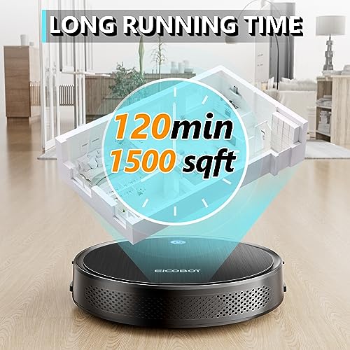 EICOBOT Robot Vacuum Cleaner, 2300Pa Strong Suction Power, Tangle-Free, Slim, Quiet, 120 Mins Runtime, Auto Self-Charging Robotic Vacuum Cleaner Ideal for Low Carpet, Pet Hair, Hard Floors, Black