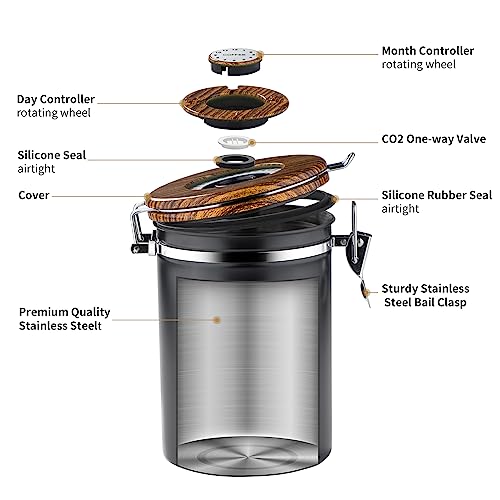 shoxil 22OZ Coffee Canister Coffee Bean Storage Airtight Containers Stainless Steel Kitchen Food Storage Container with Date Tracker and Scoop for Ground coffee, Beans, Tea, Sugar, Flour, Cereal