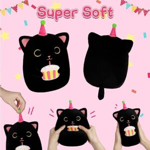 KOPHINYE Black Cat Plush, 8 inch Birthday Cat Stuffed Animal Happy Birthday Plush Cute Cat Plush Pillow with Cake, Kawaii Cat Plushie Birthday Plush for Girls, Boys and Cats