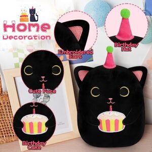 KOPHINYE Black Cat Plush, 8 inch Birthday Cat Stuffed Animal Happy Birthday Plush Cute Cat Plush Pillow with Cake, Kawaii Cat Plushie Birthday Plush for Girls, Boys and Cats